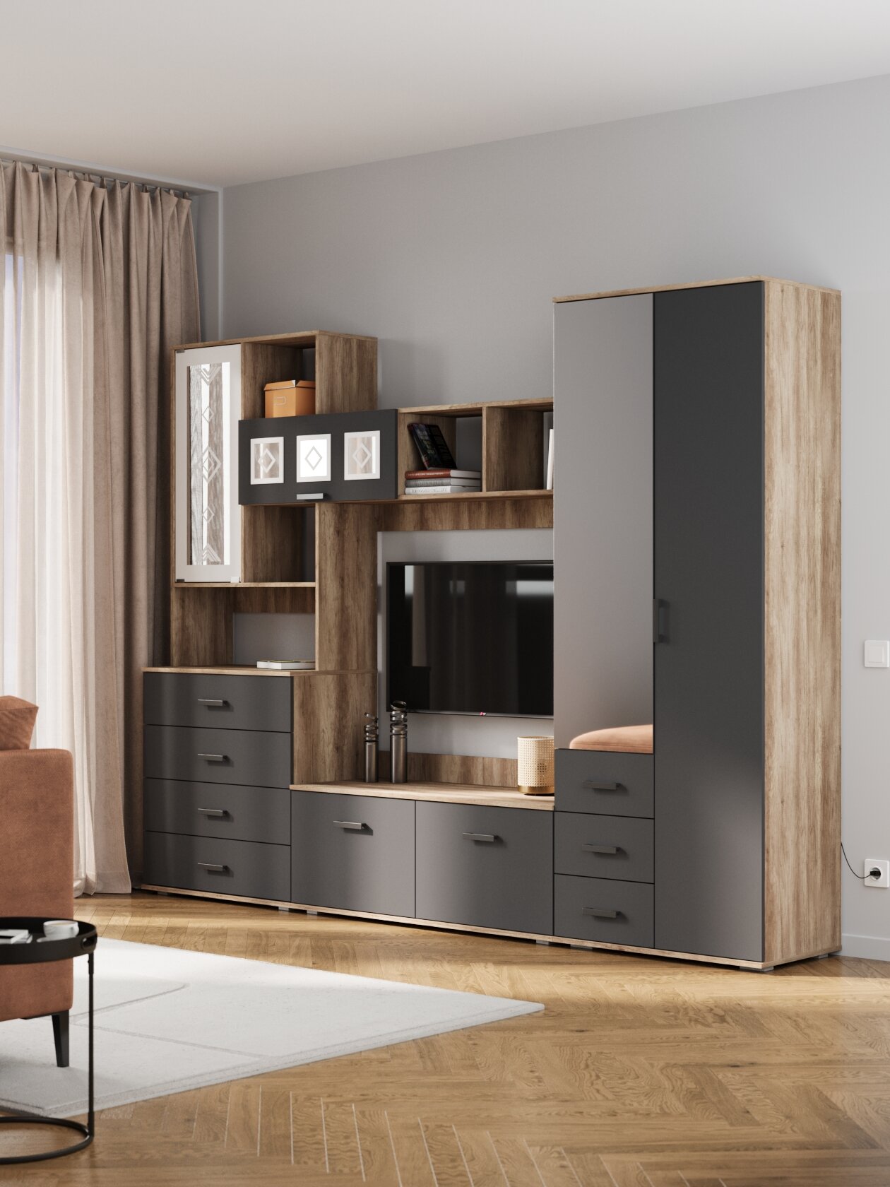 Гостиная комплект Вегас, тумба под телевизор, комод, настенная полка, шкафы, 280х47х212 см, Дуб Каньон / Графит