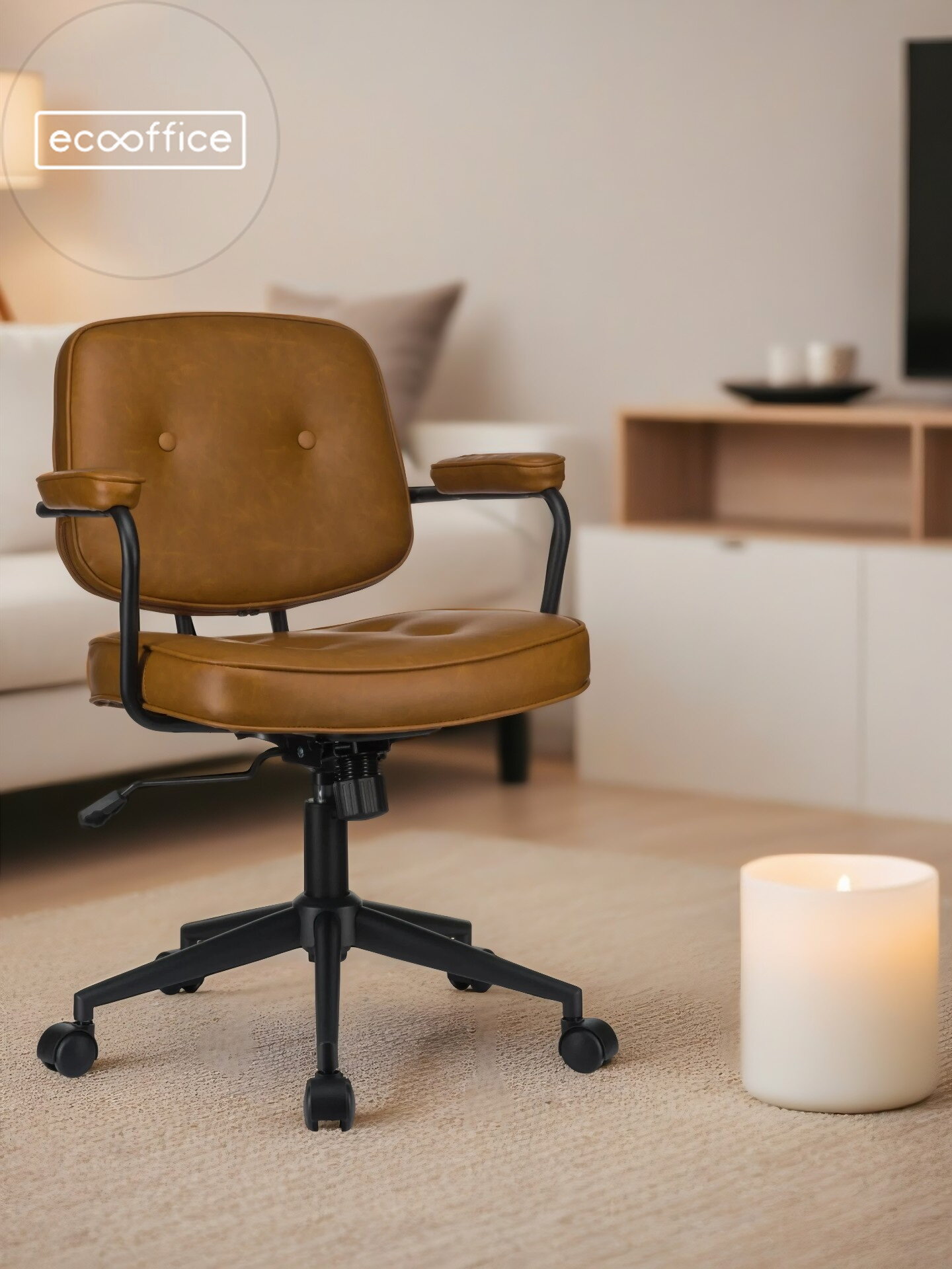 Кресло компьютерное офисное RV Design CHESTER W-221, стул крутящийся на колесиках, Кэмел экокожа