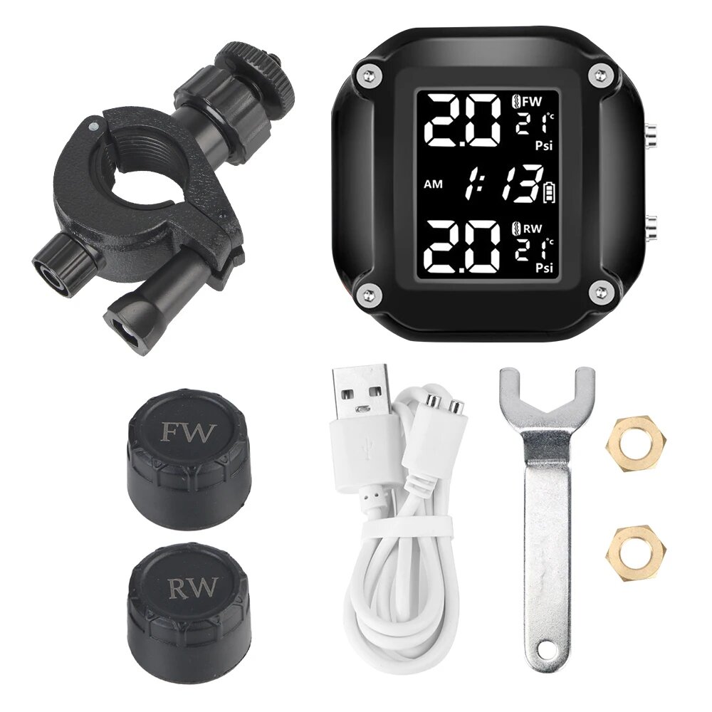 Мотоциклетный ЖК-дисплей TPMS с 2 внешними датчиками, сигнализация для мониторинга давления в шинах, температура в шинах