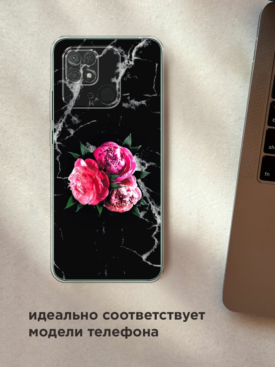Чехол на Xiaomi Redmi 10C / Сяоми Редми 10C с принтом "Букет на черном мраморе" — фото 1
