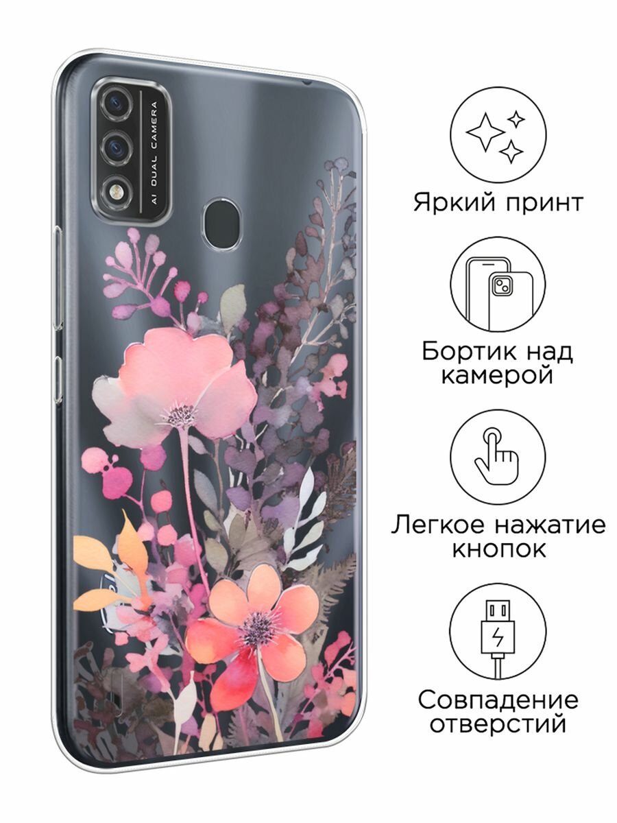 Чехол на Itel A48 / Ител А48 с принтом "Лиловые полевые цветы", прозрачный — фото 1