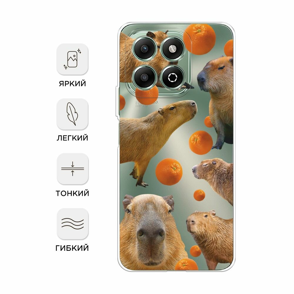 Чехол на Honor X6b / Хонор X6b с принтом "Капибара и апельсины", прозрачный — фото 1