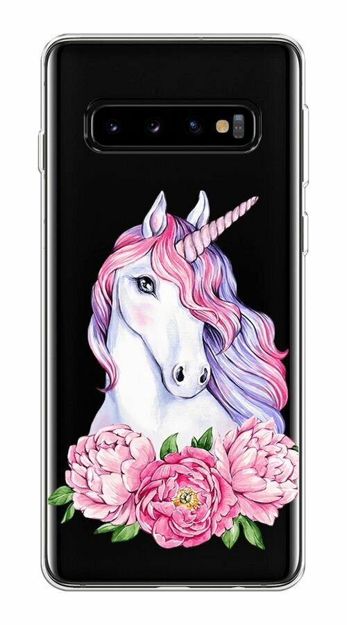 Чехол на Samsung Galaxy S10 + / Самсунг Галакси S10 Плюс с принтом "Единорог с пионами", прозрачный