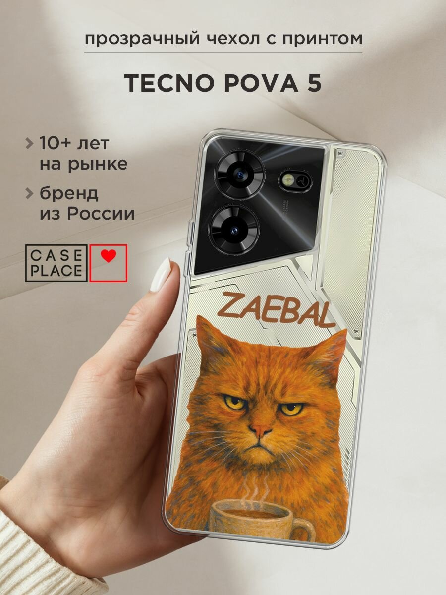 Чехол на Tecno Pova 5 / Техно Пова 5 с принтом "Рыжий кот с надписью", прозрачный