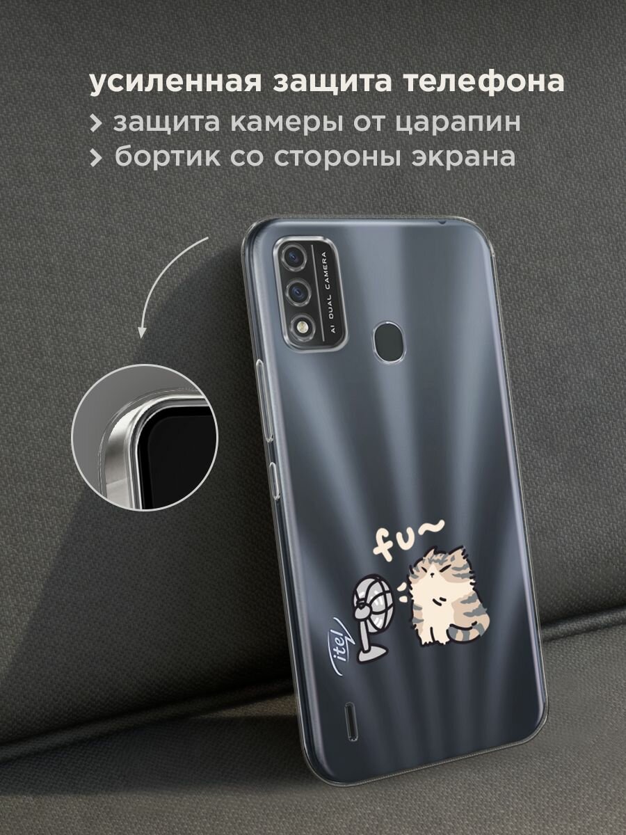 Чехол на Itel A48 / Ител А48 с принтом "Котик с вентилятором", прозрачный — фото 1
