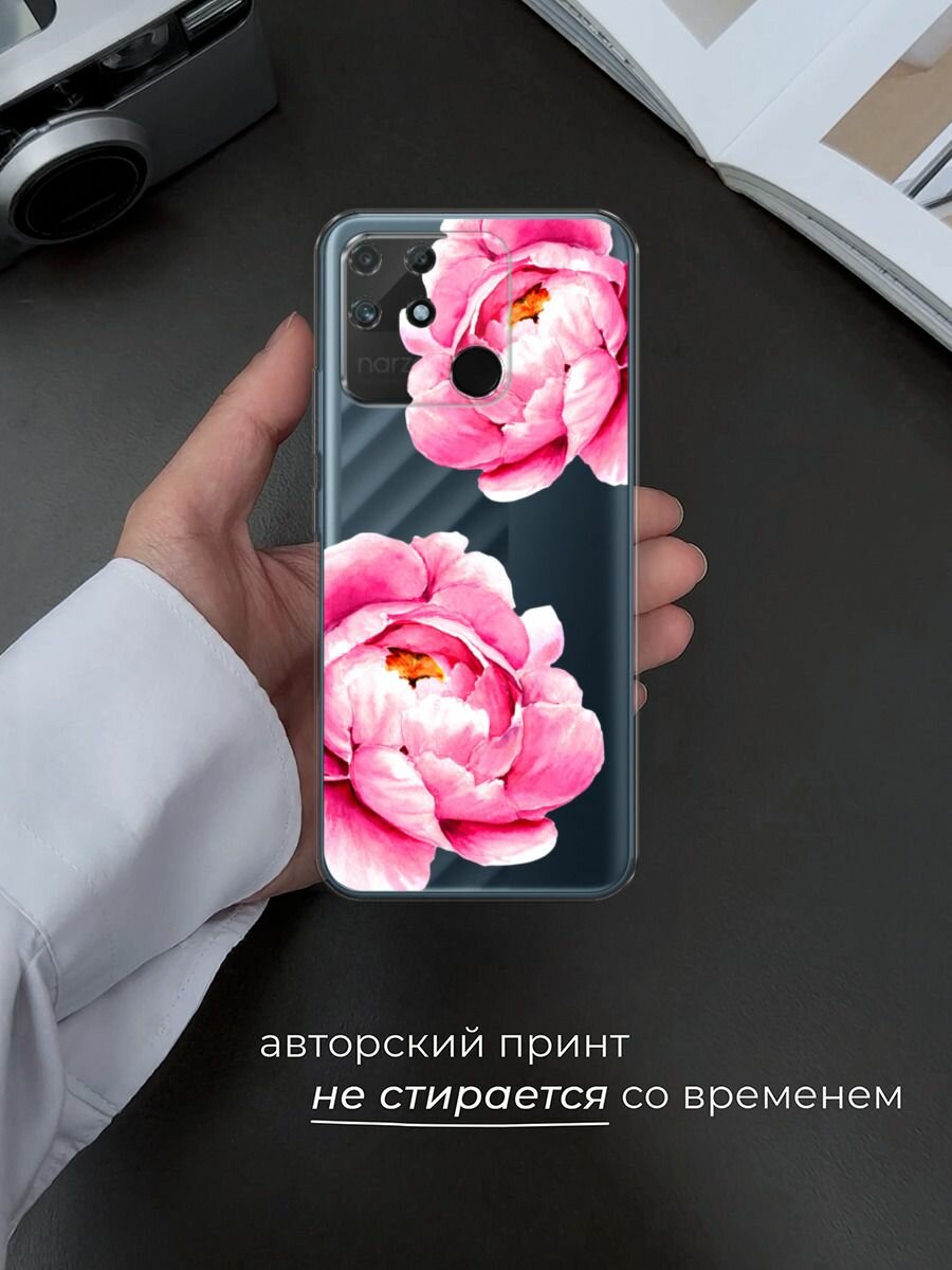 Чехол на Realme Narzo 50A / Реалми Нарзо 50A с принтом "Open peonies", прозрачный — фото 1