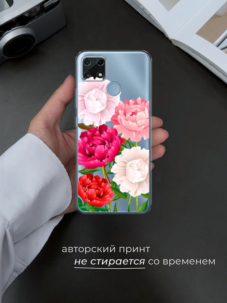 Чехол на Realme C25/C25s / Реалми С25/C25s с принтом "Большие пионы", прозрачный — фото 1