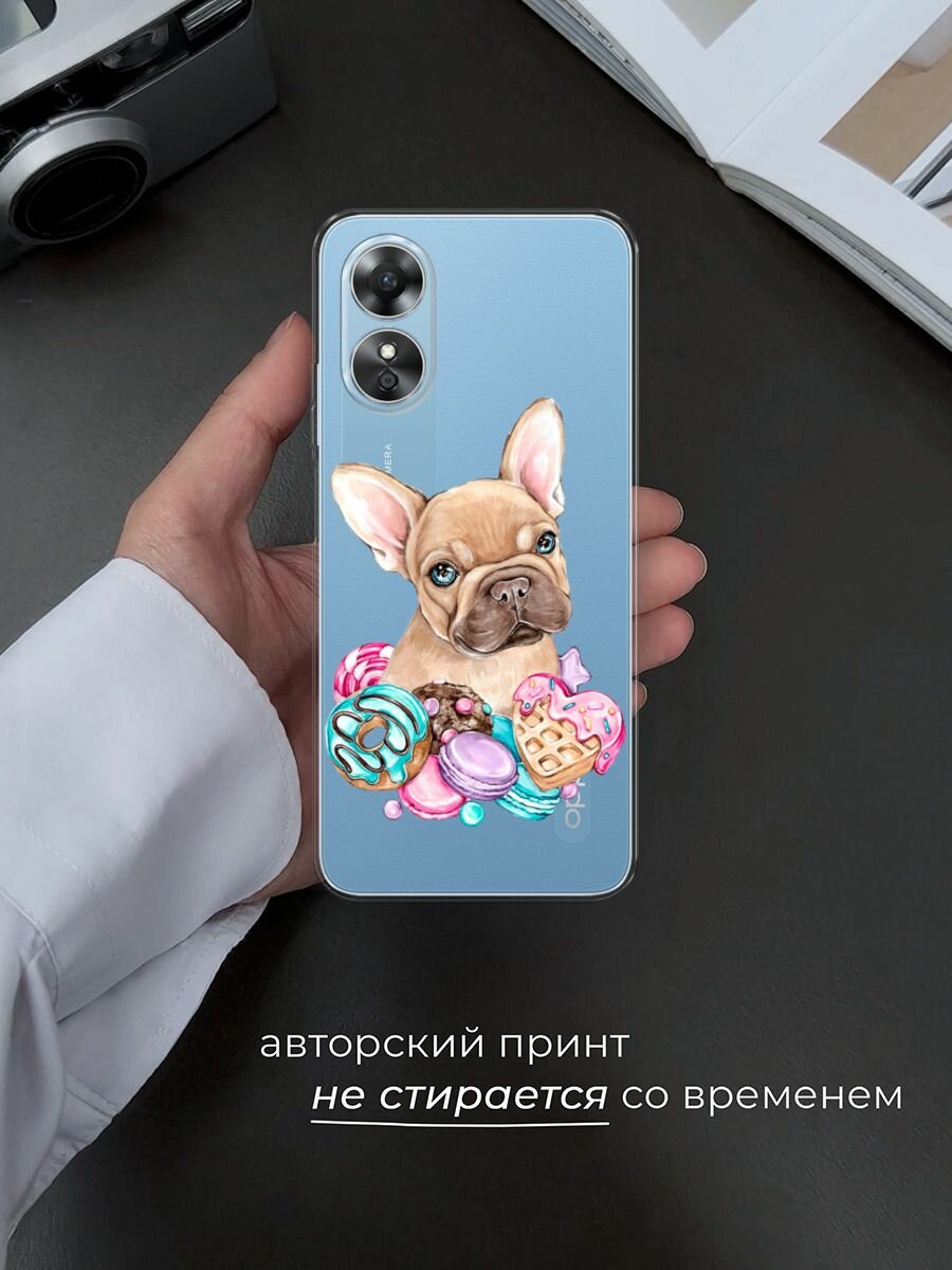 Чехол на Oppo A17 / Оппо A17 с принтом "Бульдог и сладости", прозрачный — фото 1