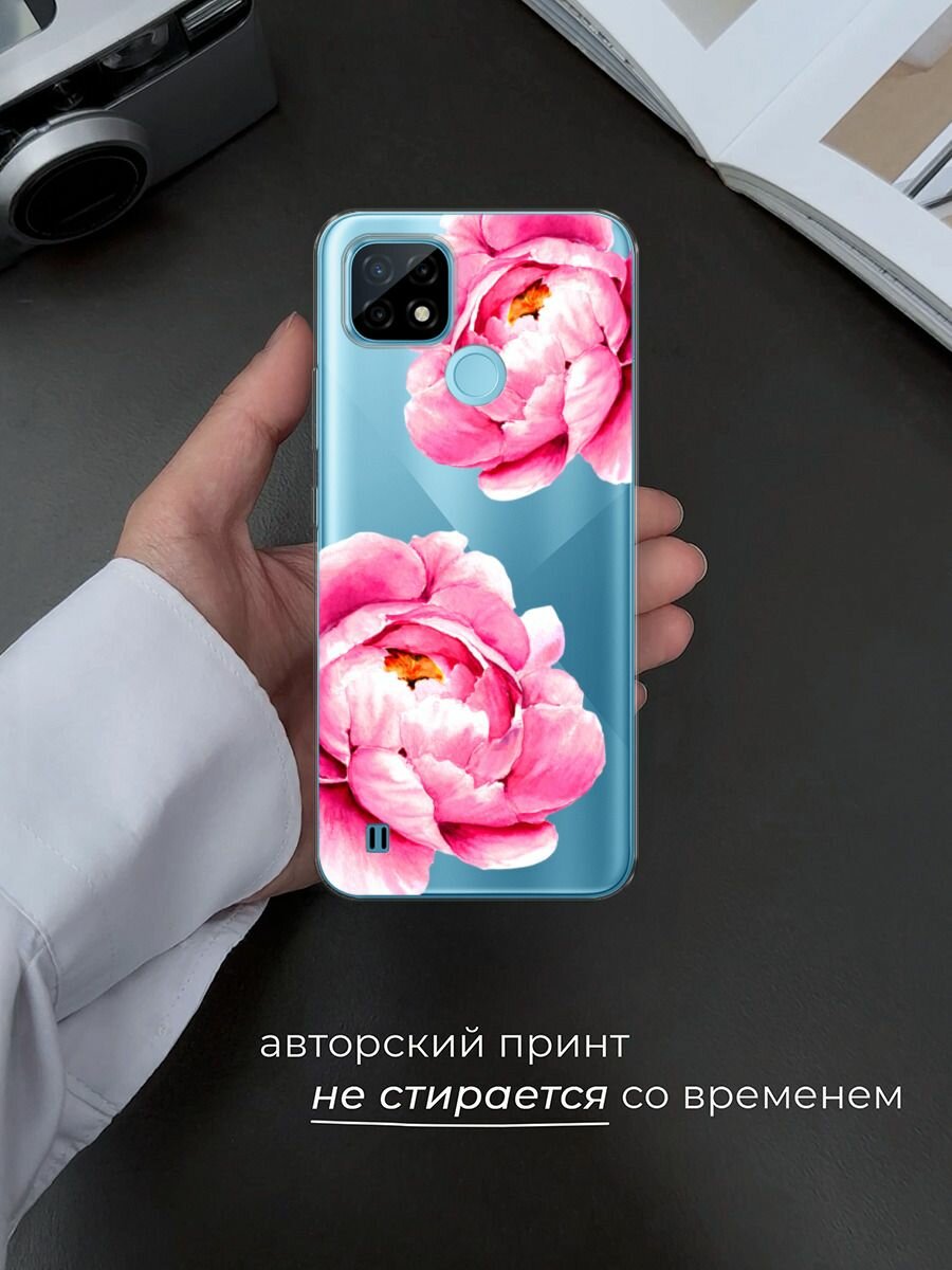 Чехол на Realme C21 / Реалми С21 с принтом "Open peonies", прозрачный — фото 1