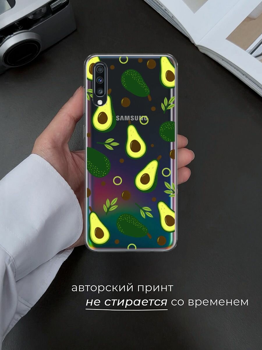 Чехол на Samsung Galaxy A70 / Самсунг Галакси А70 с принтом "Авокадо паттерн", прозрачный — фото 1