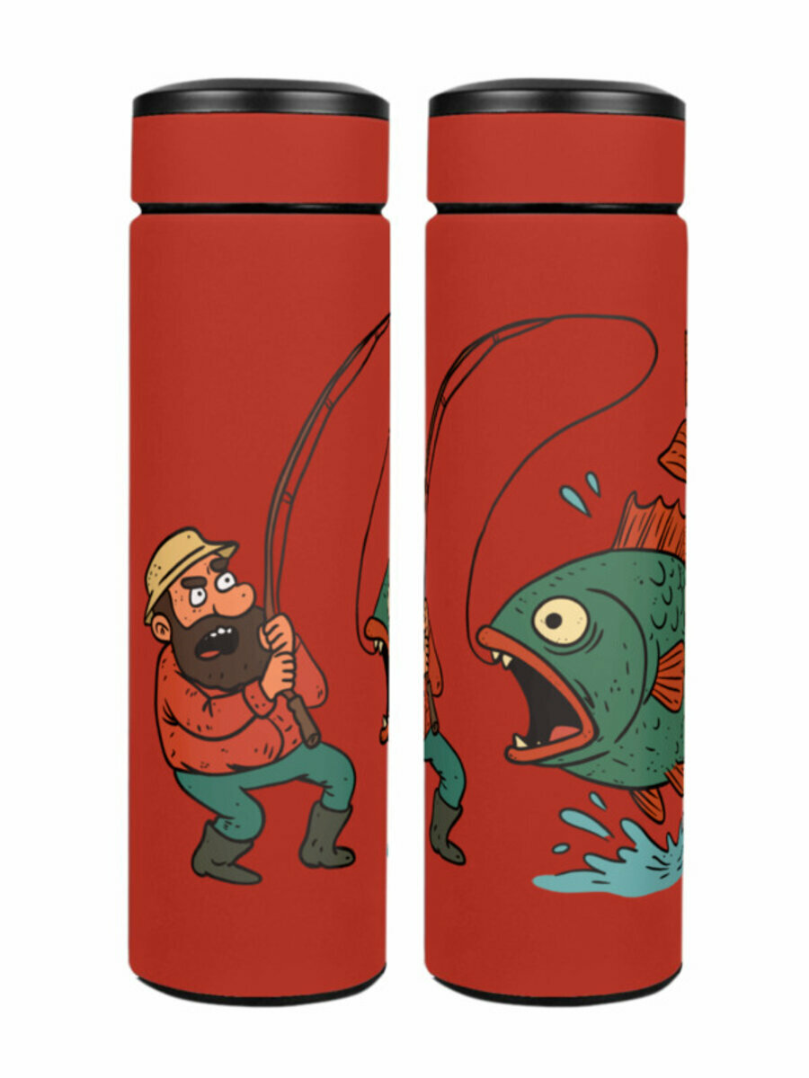 Термос «Рыбак поймал большую рыбу» (красный)