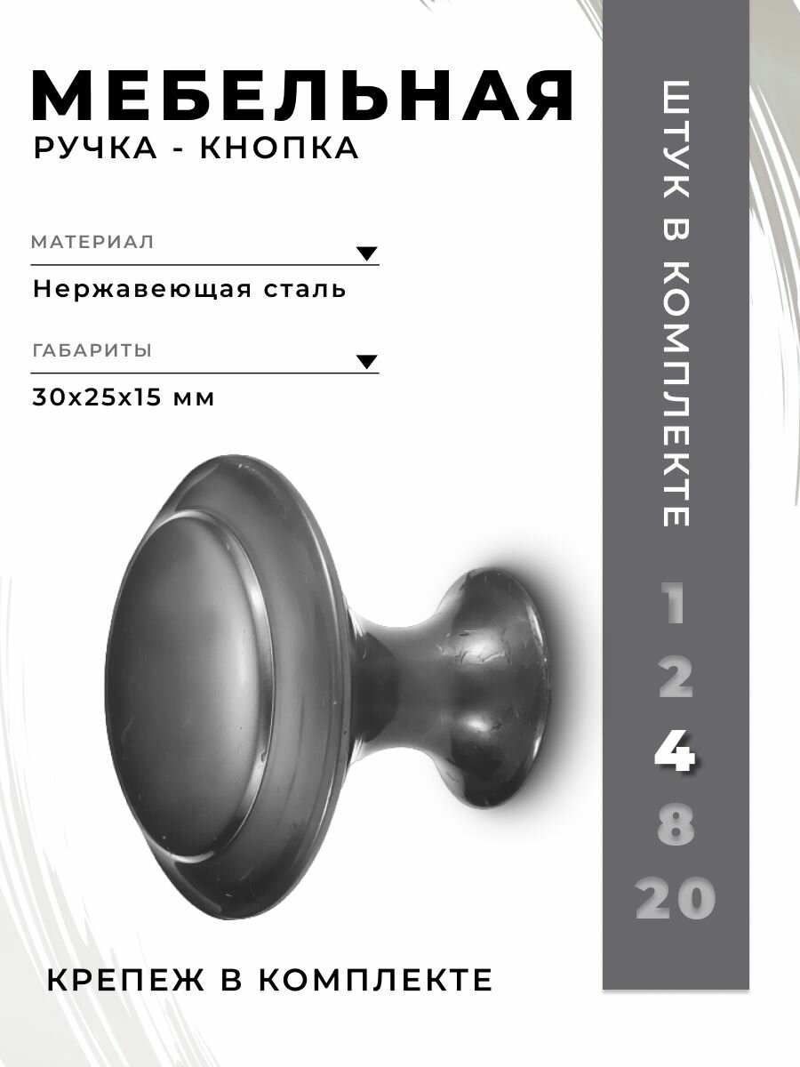 Ручка мебельная кнопка BRANTE BR906L графит, комплект 4 шт, ручка для шкафов, ящиков, комодов, для кухонного гарнитура, фурнитура для мебели