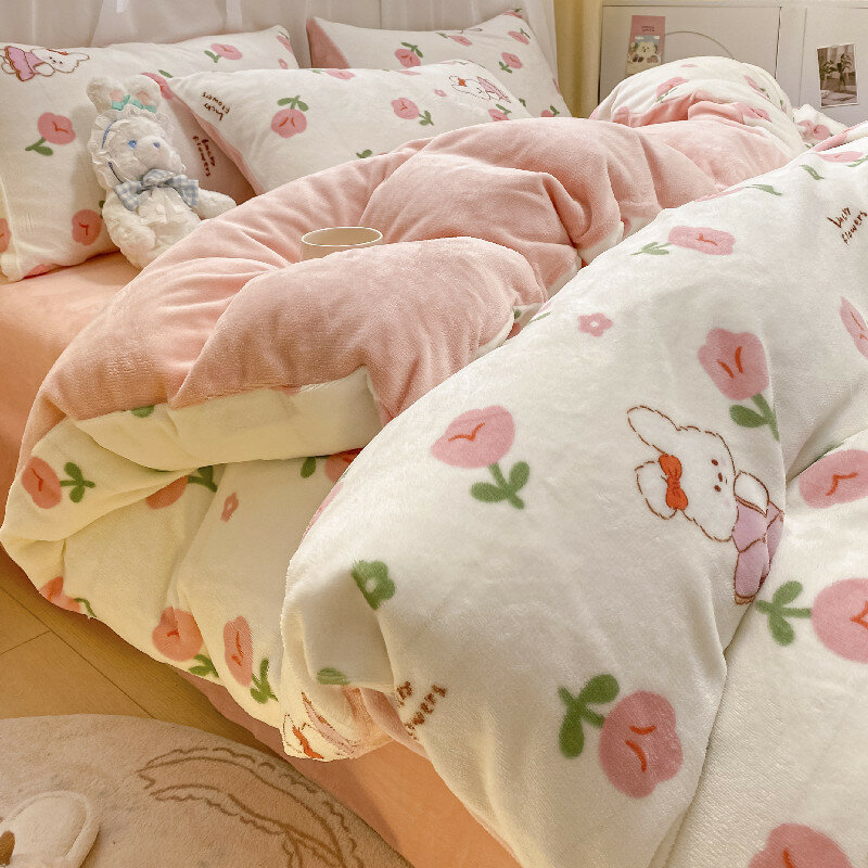 Комплект постельного белья из зимнего молочного флиса (4 предмета), простыня из утолщенного кораллового флиса, пододеяльник, комплект постельного белья из 3 предметов из двухстороннего флиса с бортиками,220*240cm