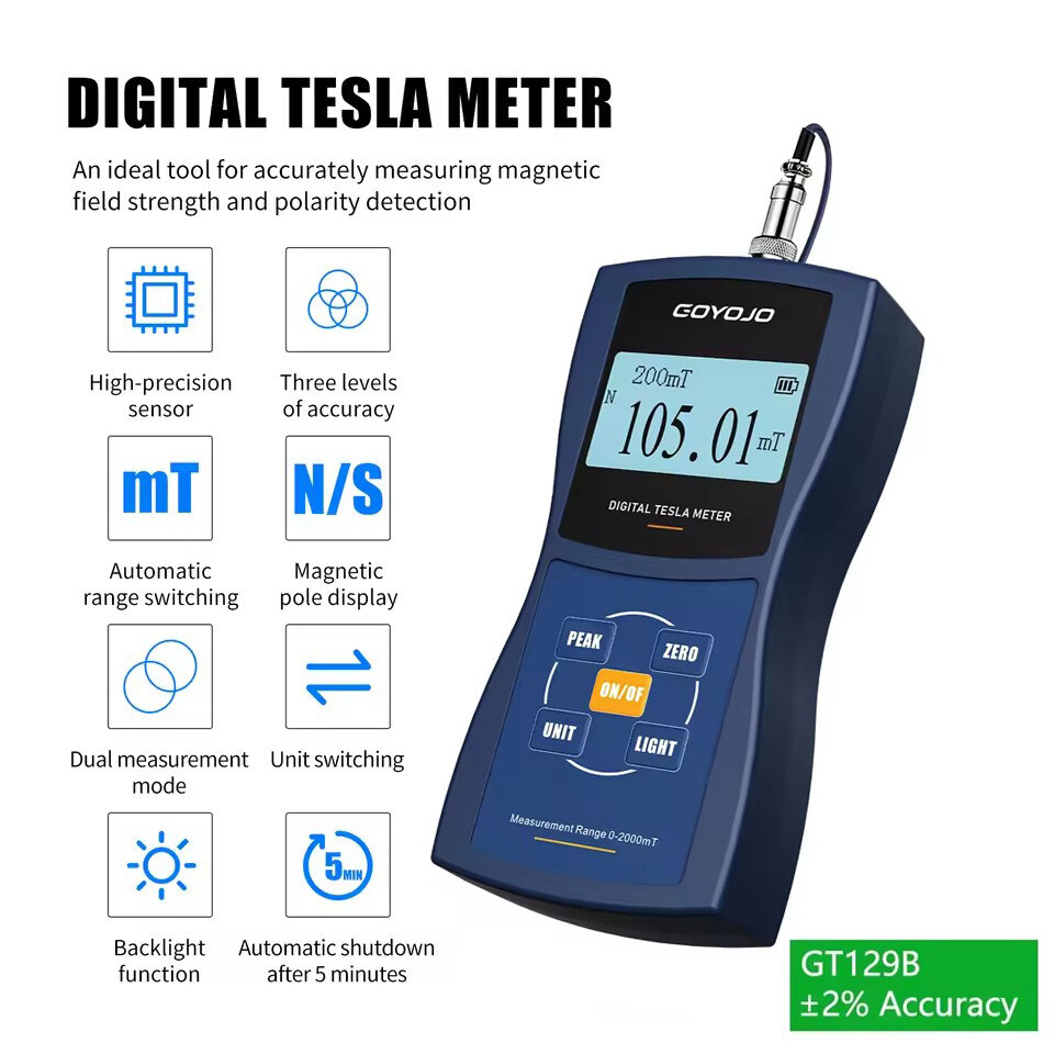 Портативный детектор магнитного поля GT129B цифровой тесла-метр с точностью 2% для измерения напряженности и полярности магнитного поля