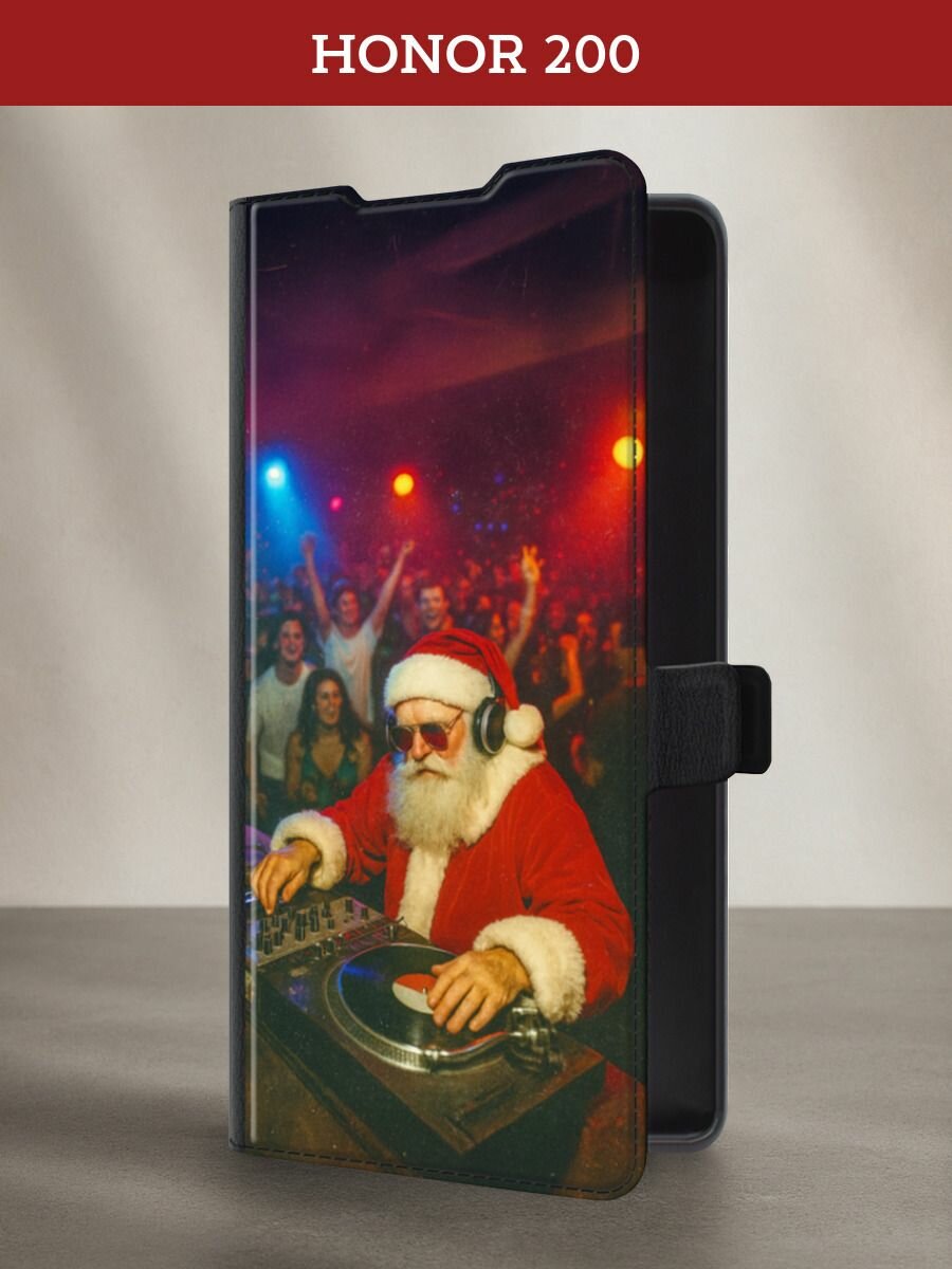 Чехол-книжка на Honor 200 / Хонор 200 с рисунком DJ-Дед Мороз, черный