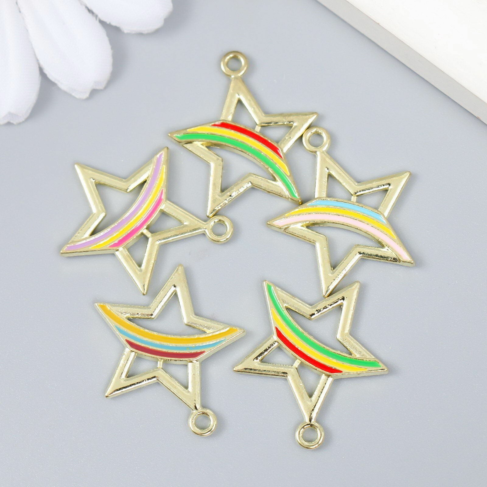 Металлический элемент, декоративная подвеска "Арт Узор. Звезда с радугой", золото, 2x2.4 см, микс, 5 шт.