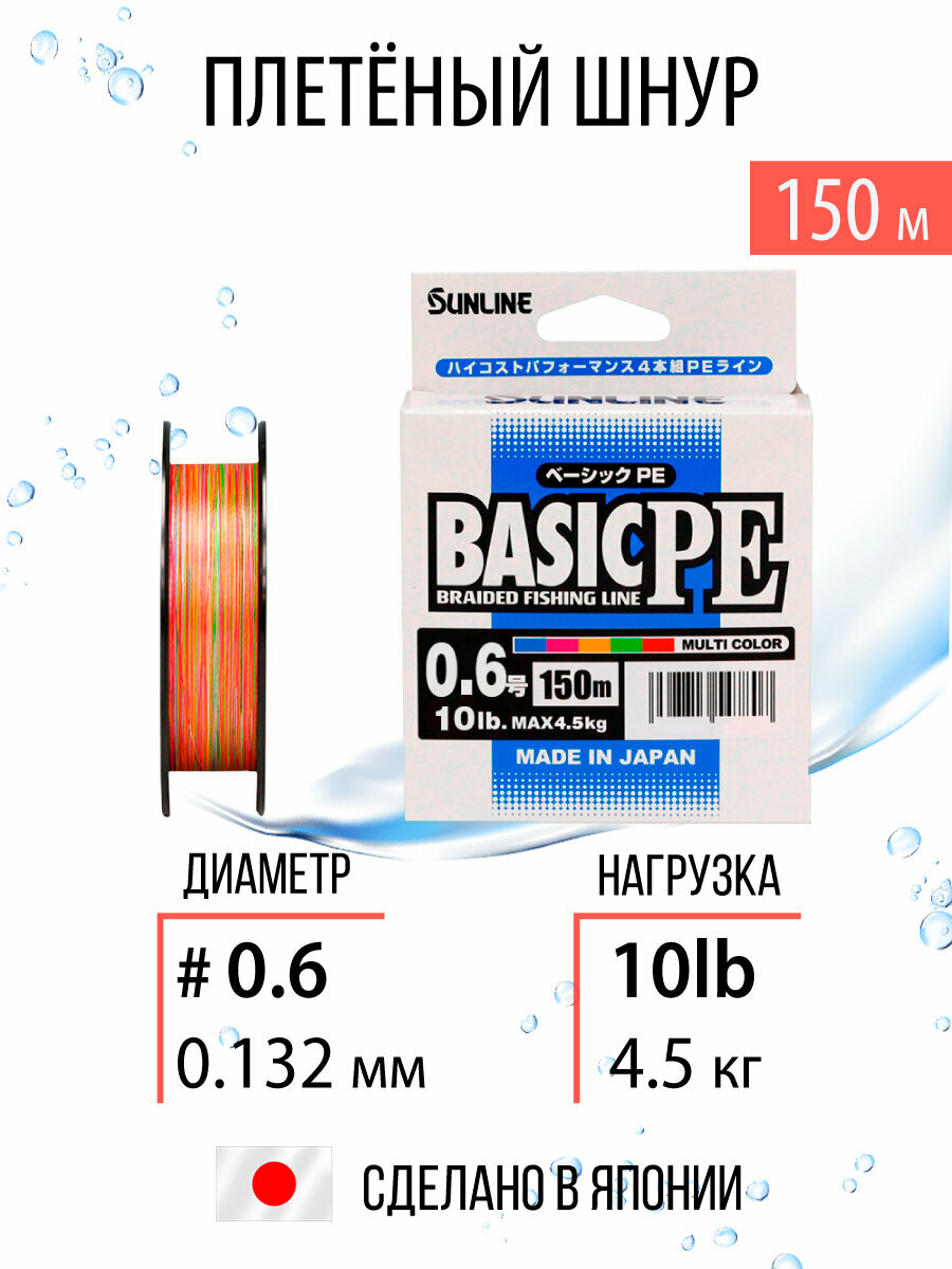 Шнур для рыбалки плетеный BASIC PE HG #0.6/10lb 150m Multi Color, плетёнка рыболовная, леска для спиннинга.