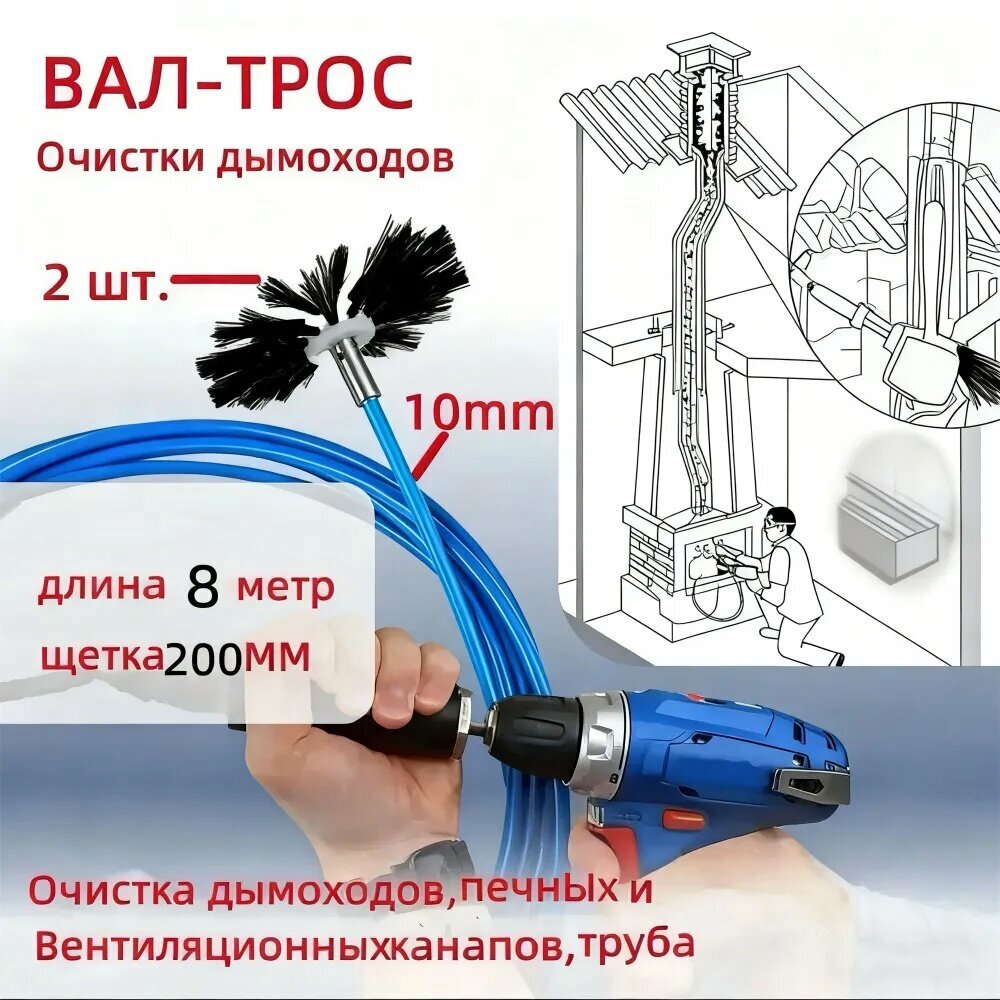 Вал-трос для механической чистки дымоходов и вентиляции. Длина 8 м. щетка диаметр 200 мм.