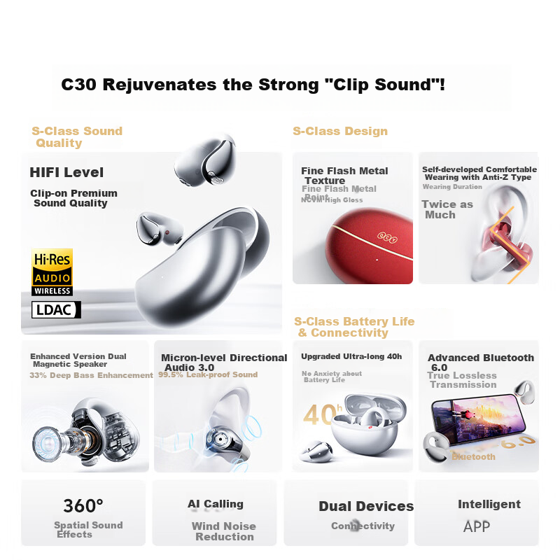 QCY Crossky C30S Earhook Headphones Non-In-Ear Open Wireless Bluetooth Headphones Comfortable and Stable Wearing Long Battery Life Crimson Red