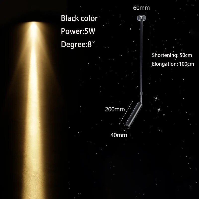 Светодиодный прожектор с маленьким лучом, длинный светильник с Черный, Black 5W 8 degree, 3000K