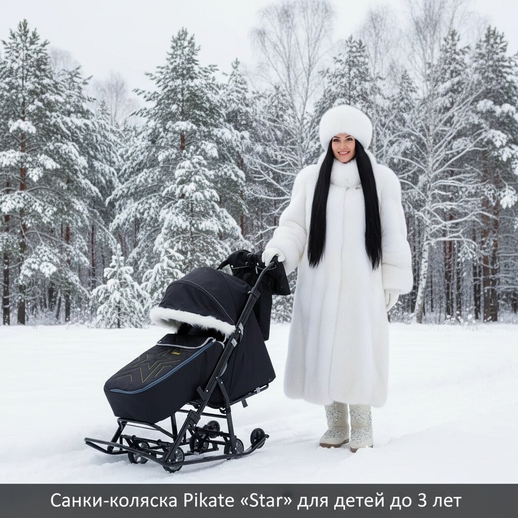 Санки коляска детские зимние на выкатных колесах Pikate "STAR" 2024/2025г. г NEW цв. желтый