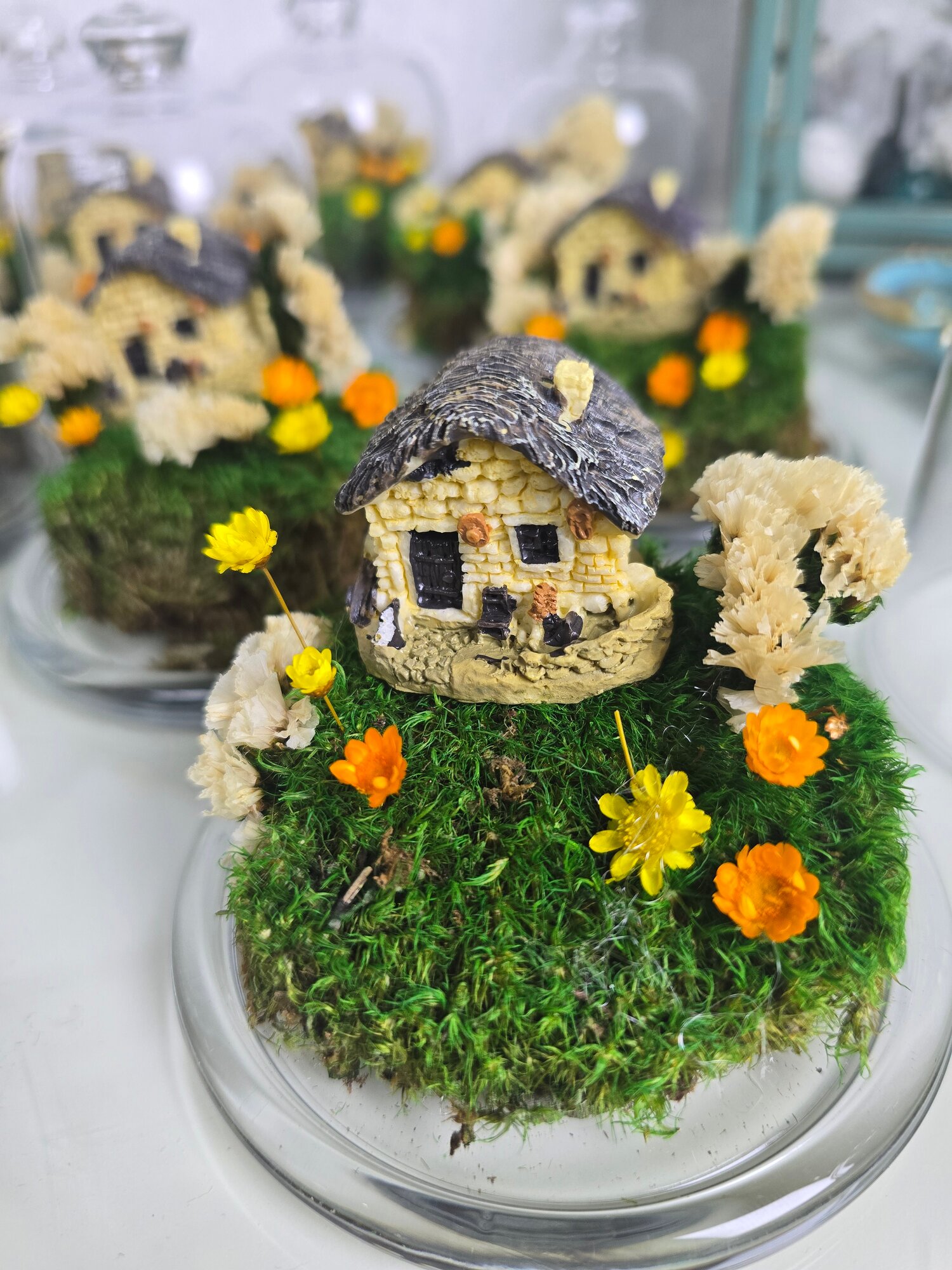 Флорариум "Соломенный домик" из стабилизированного мха и стабилизированных растений в колбе, интерьерная композиция