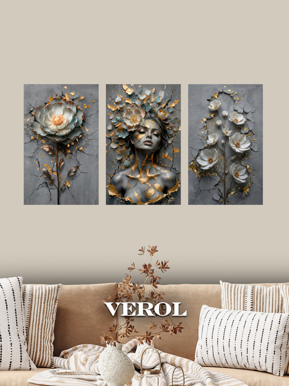 Наклейки интерьерные на стену VEROL "Цветы и девушка", набор 3 шт, для декора