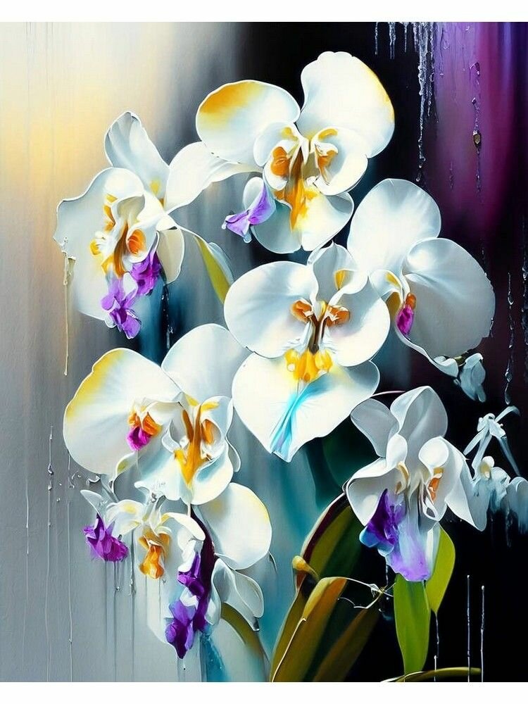 Алмазная картина "Белые цветы орхидеи" / Алмазная вышивка / Круглые стразы 40х50 см