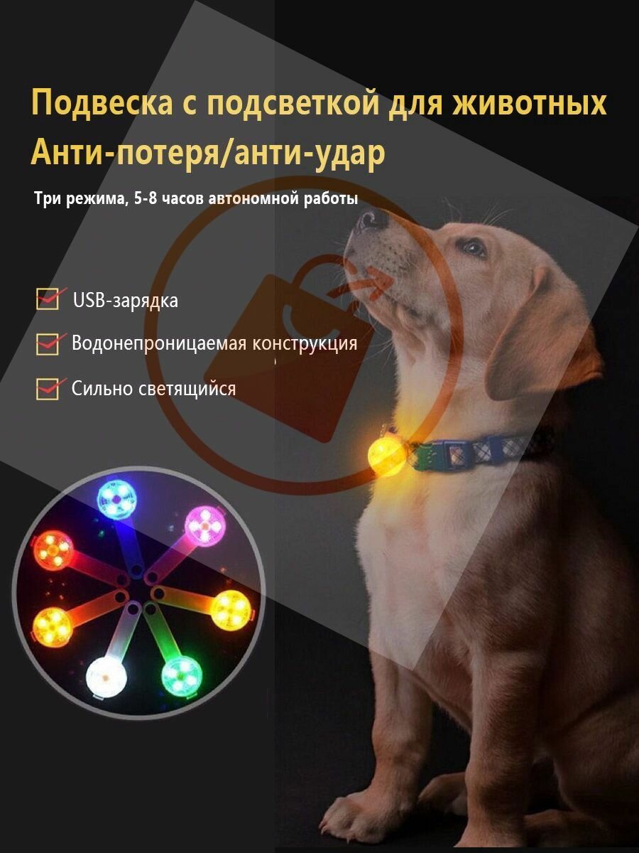 Светящийся брелок на ошейник для собак, светодиодный LED фонарик micro USB / Блинкер