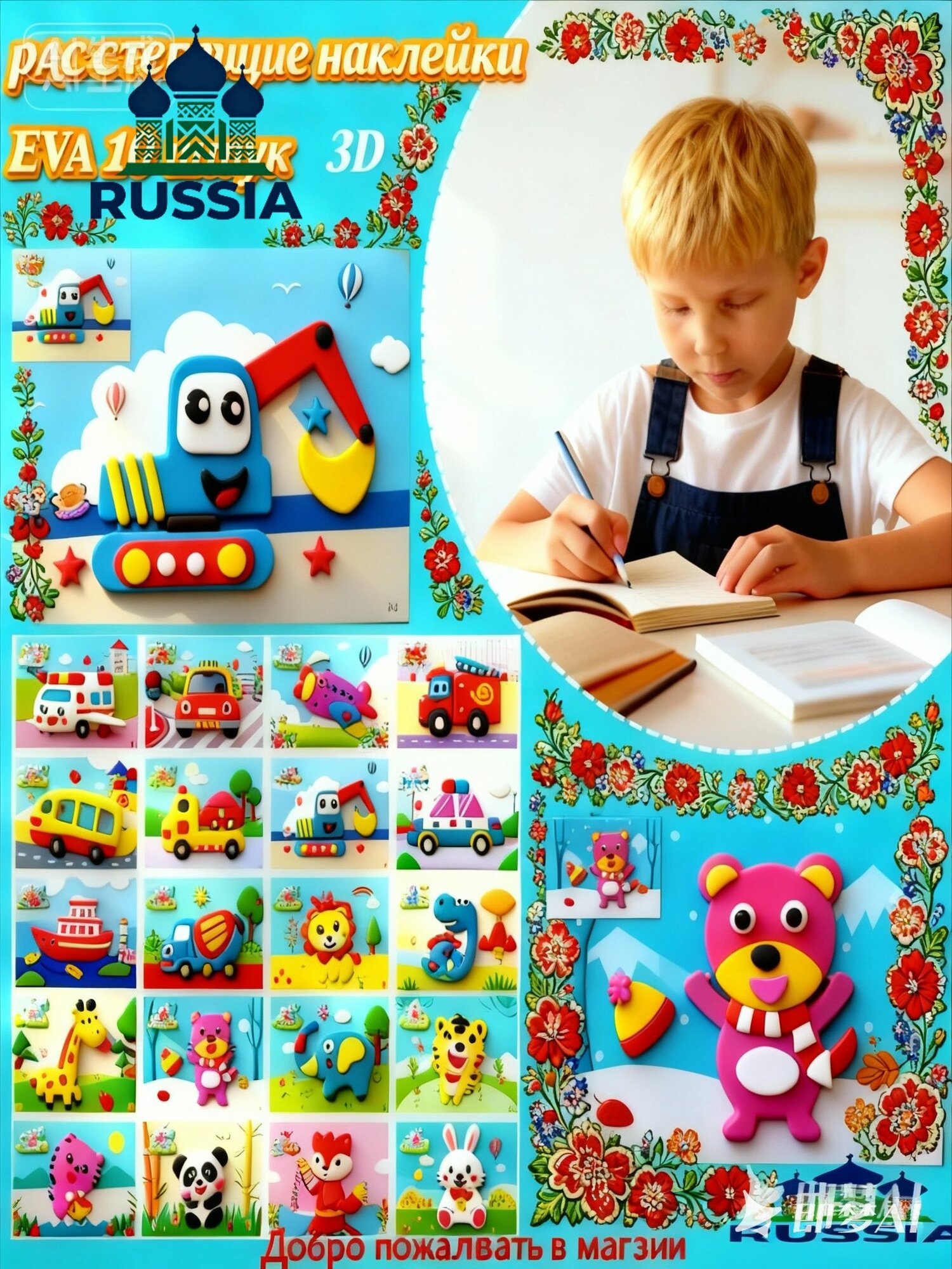 3D аппликации для детей "Милые животные", развивающие наклейки EVA 20 штук, набор для творчества и игр для развития мелкой моторики и пространственного воображения