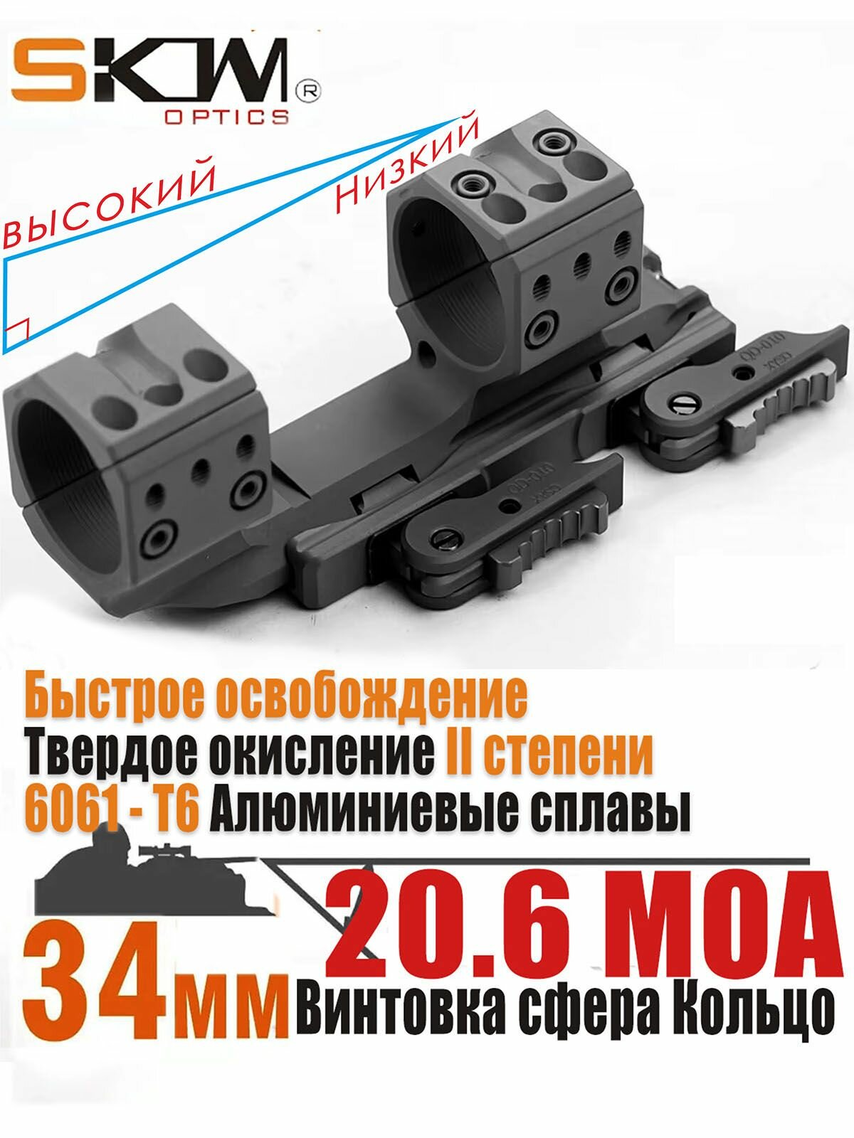 Кронштейн быстросъемный для прицела на weaver 34 мм с наклоном 20,6 MOA