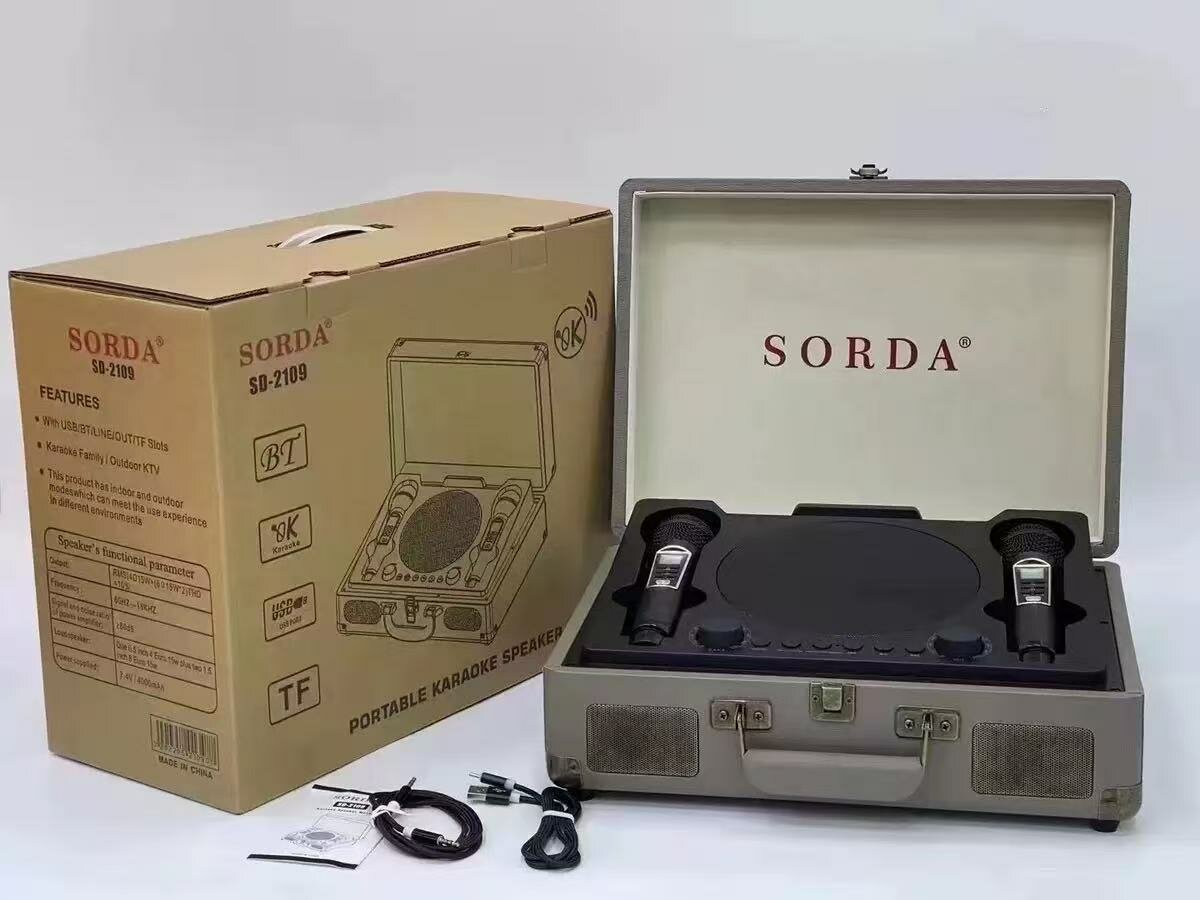 Караоке система Ретро Чемодан SORDA SD-2109 с двумя микрофонами серый