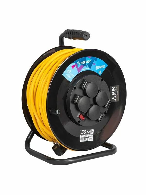 Удлинитель на катушке 4х50м с заземл. 16А IP54 4кВт ПВС 3х2.5 термозащ. Космос YKKsm50m-4g-Z(2.5)IP