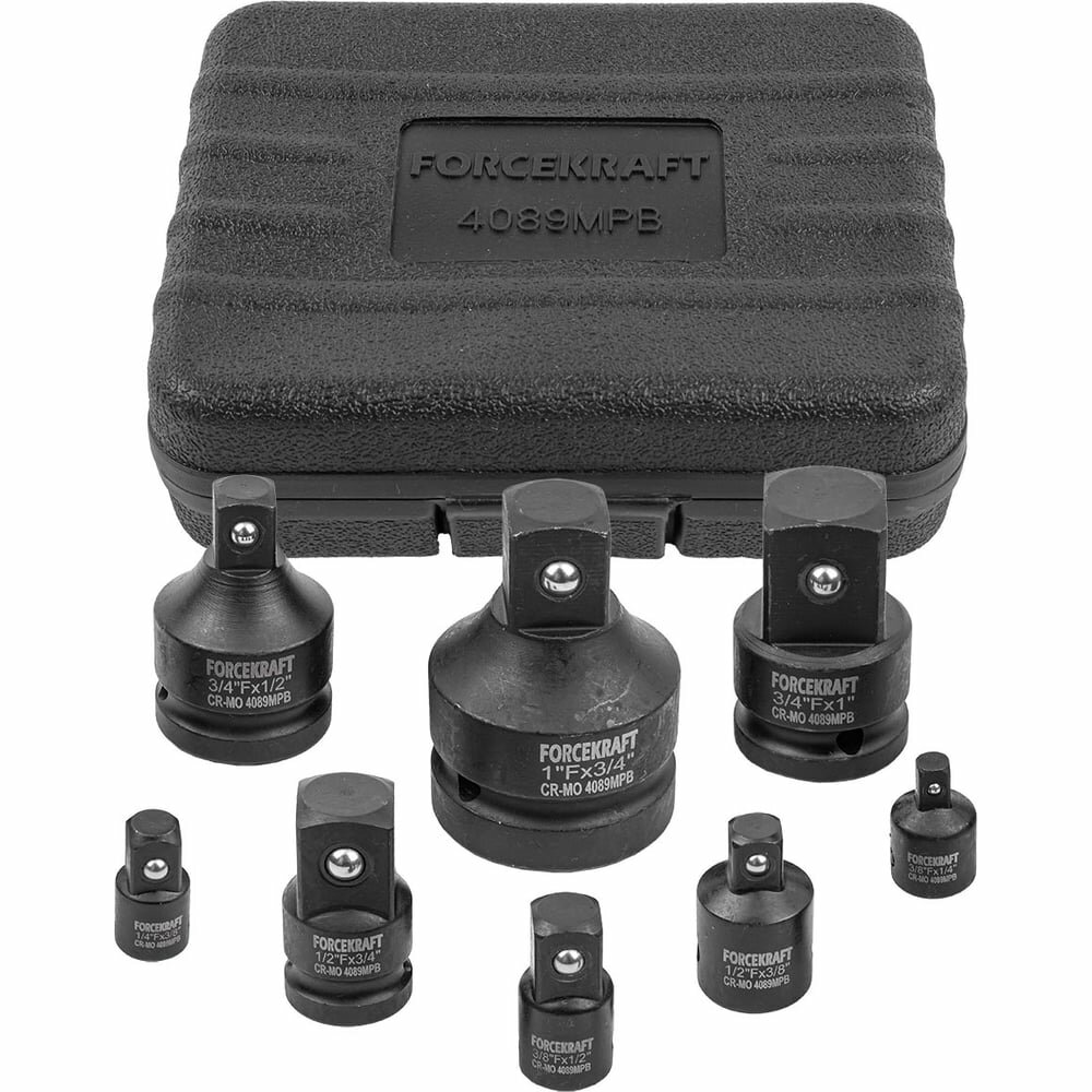 Набор адаптеров ударных 8 предметов (1/4(F)x3/8"(M), 3/8(F)x1/4"(M), 3/8(F)x1/2"(M), 1/2(F)x3/8"(M), 1/2(F)x3/4"(M), 3/4(F)x1/2"(M), 3/4(F)x1"(M), 1(F)x3/4"(M) в кейсе Forcekraft FK-4089MPB (28165)