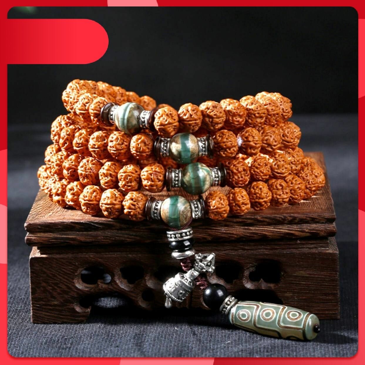 Четки рудракша с бусиной Дзи 108 бусин