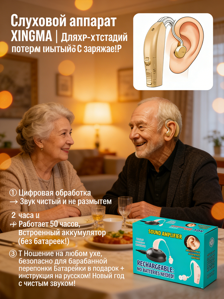 Накладной слуховой прибор с зарядным устройством для пожилых и взрослых