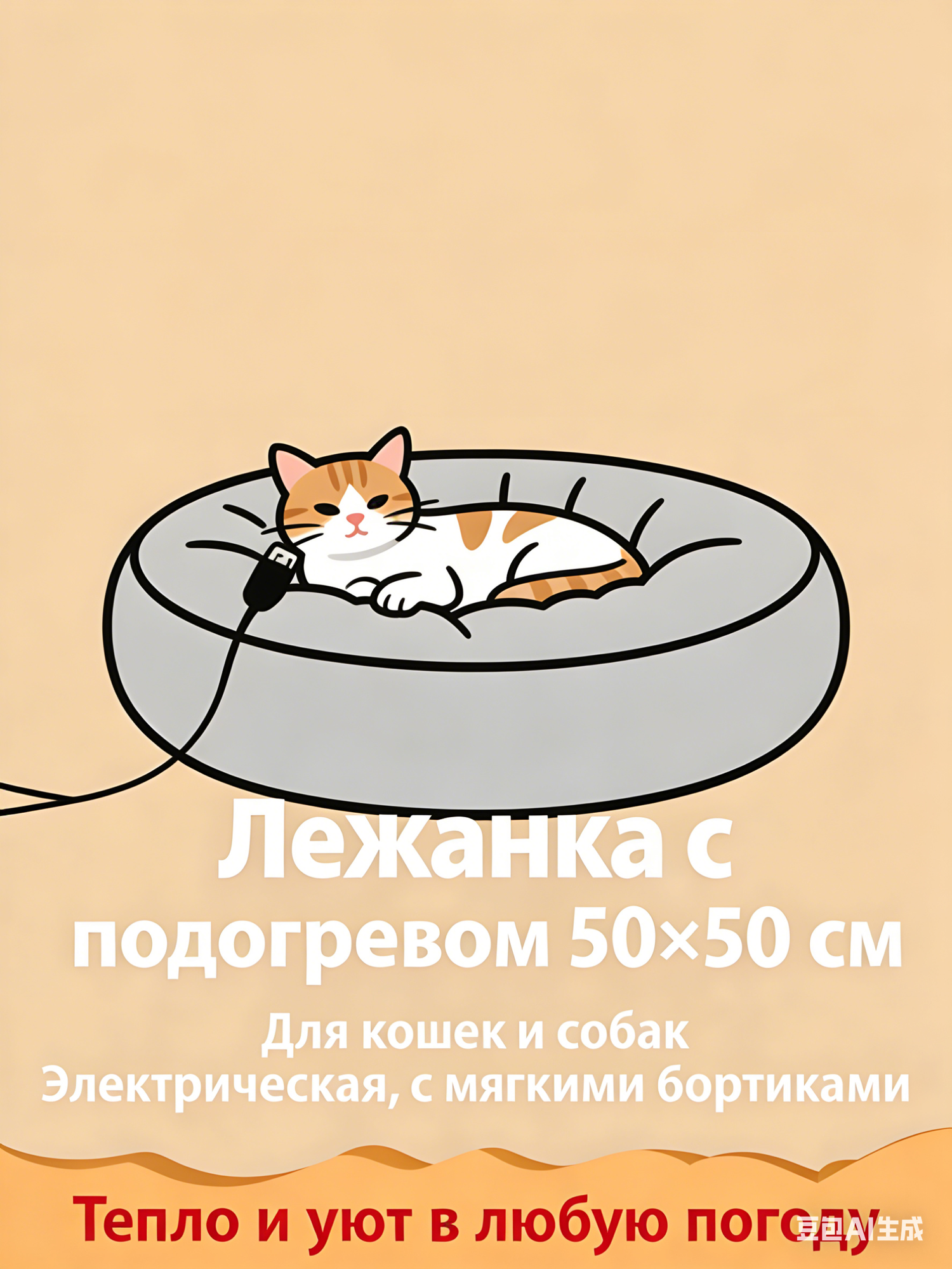 Лежанка для собак и кошек с подогревом 50x50x20см, коврик с подогревом для животных, грелка электрическая，серый