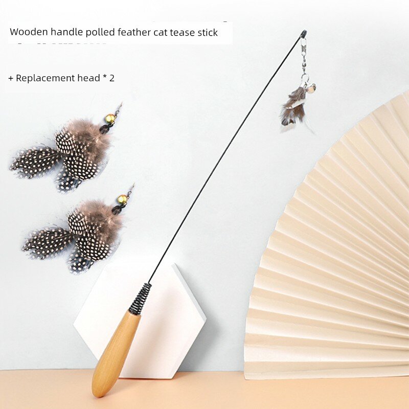 Игрушка для кошек Cat Butler с ручкой из массива дерева, пружиной, перьями, колокольчиком, удочкой-дразнилкой