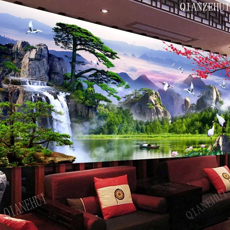 Алмазная живопись QIANZEHUI «Текущая вода, лотос, сосновый сливовый журавль, восходящий солнечный пейзаж» canvas size 150X60cm