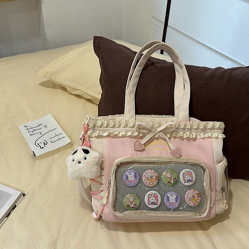 Новый стильный рюкзак для девочек, высокая эстетика, контрастные цвета, стиль колледжа, двойная сумка через плечо для учеников средней и старшей школы, сумка с рюшами и кружевом в балетном стиле