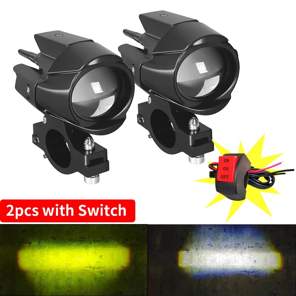 Дополнительные светодиодные фары для мотоциклов, светодиодные лампы 12-80 В, двухцветные, белые/янтарные, универсальные вспомогательные прожекторы, противотуманные фары