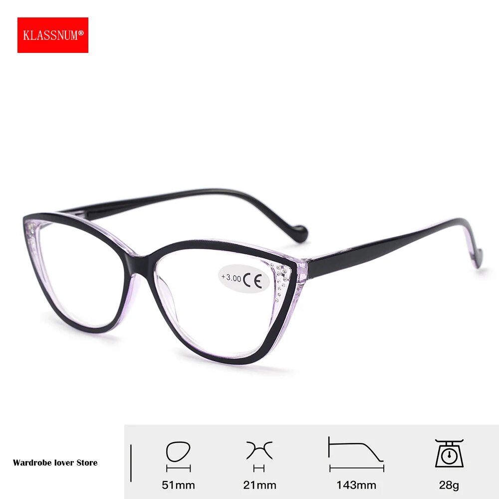 KLASSNUM очки для чтения женские пластиковые +1.0 +1.5 +2.0 +2.5 +3.0 Black Purple, +350