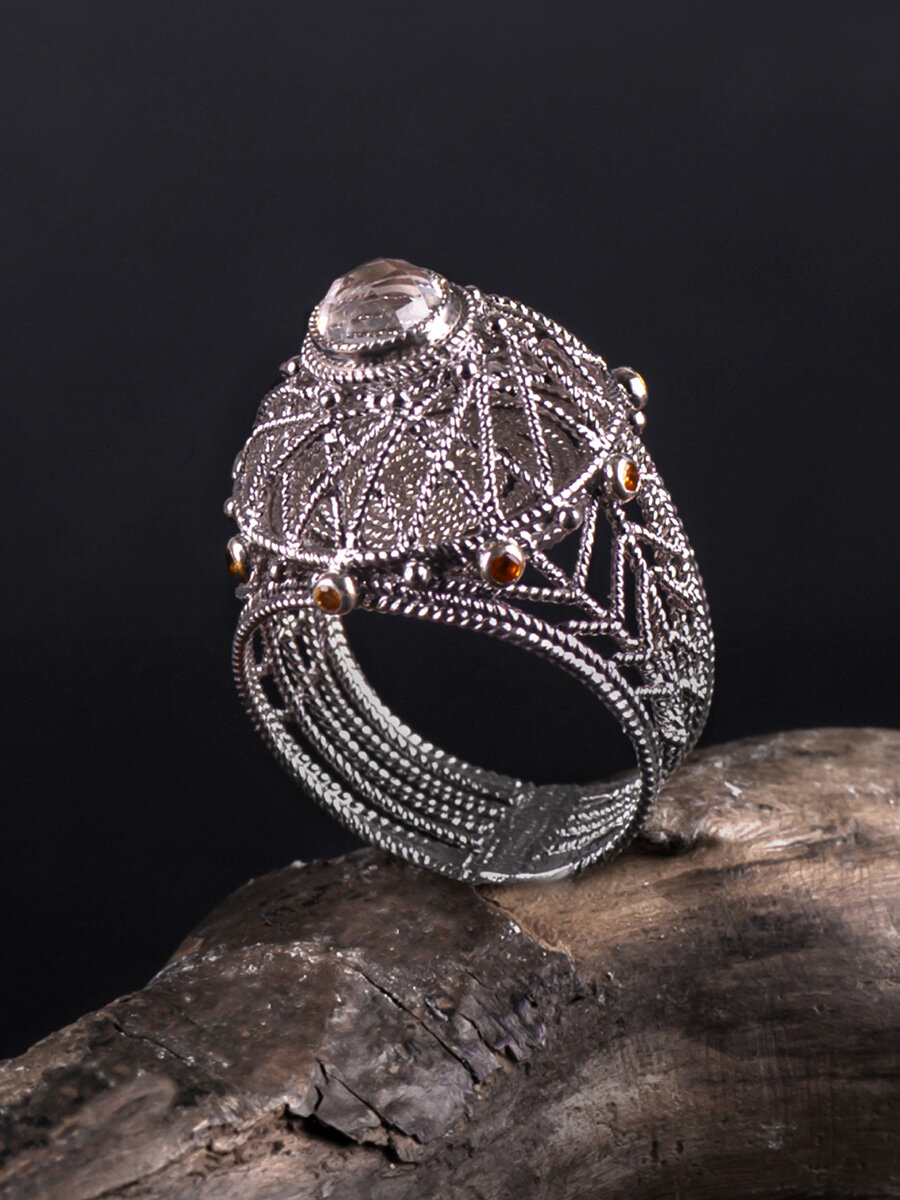 Кольцо, серебро, 925 проба, родирование, цитрин