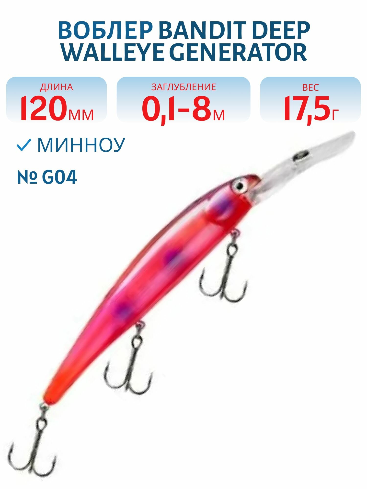 Воблер BANDIT DEEP WALLEYE GENERATOR, 120 мм, 17,5 гр, цвет G04