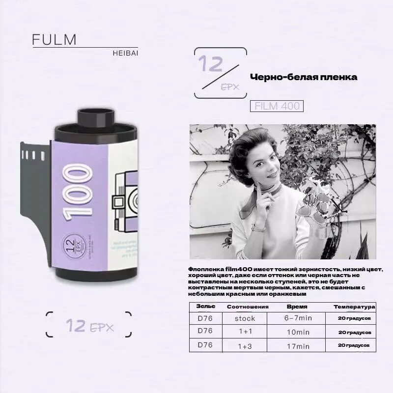 Винтажная чёрно-белая фотоплёнка 135 типа (35 мм), 12 кадров для ретро-фото и коллекции
