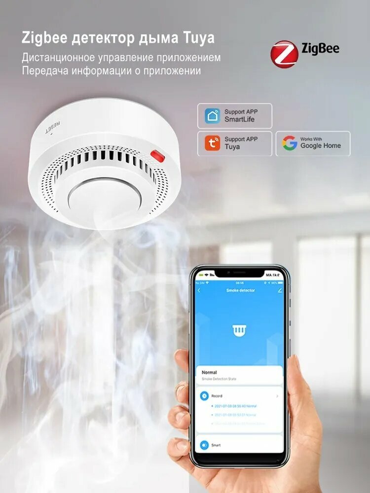 Датчик дыма Tuya Smart Zigbee, звуковая сирена, оповещение через приложение — фото 1