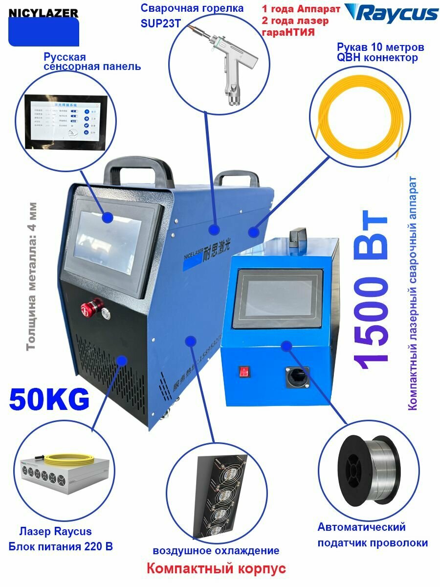 Лазерный сварочный аппарат Raycus 1500 Вт с воздушным охлаждением для сварки нержавеющей стали, алюминия и меди.