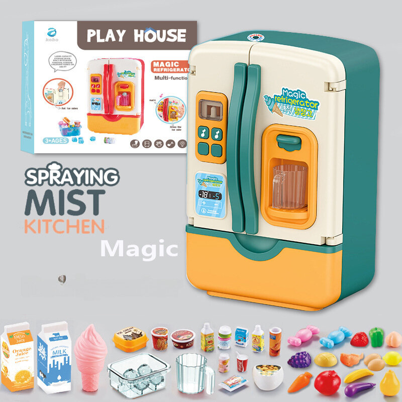 Электрическая игрушка для детей Спрей Вода Лайт Игрушка-Модель Холодильника Симуляция Детская Игровая Родительско-Детская Интерактивная Игрушка Подарок (Симуляция англоязычного холодильника с льдом-спреем мятно-зеленый)