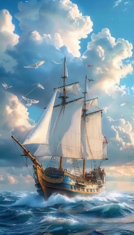 Алмазная Мозаика "Корабль Под Парусами На Волнах" 40x50 См Алмазная Вышивка / Картина Стразами Подарков / Украшения