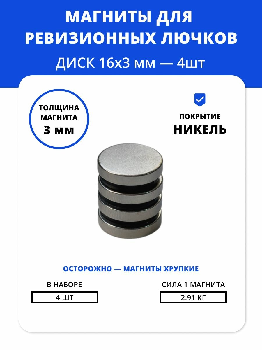 Магнит мебельный неодимовый 16*3 мм, для плитки, для дверей, набор 4 штуки